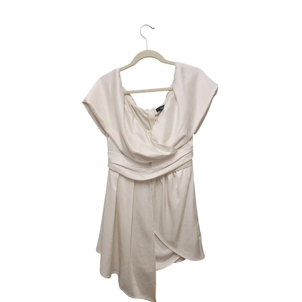 Lulus | Dresses | Lulus Champagne Satin Cowl Neck Asymmetrical Tulip ...